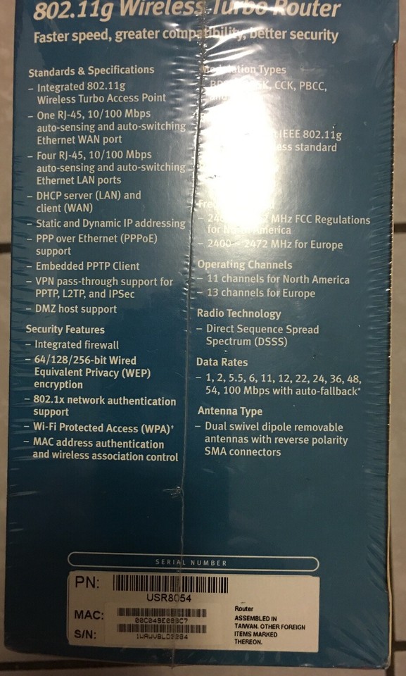 💥U.S.Robotics USR8054 802.11g Wireless Turbo Router with 100 Mbps ...