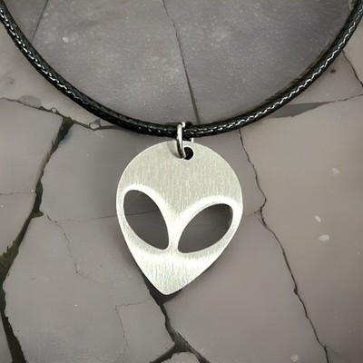 UFO Collection: Stainless Steel Alien Head Pendant W/Black Waxed ...