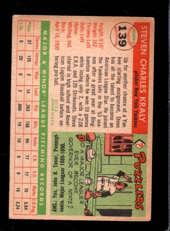 1955 TOPPS #139 STEVE KRALY GOOD (RC) YANKEES UER NICELY CENTERED ...