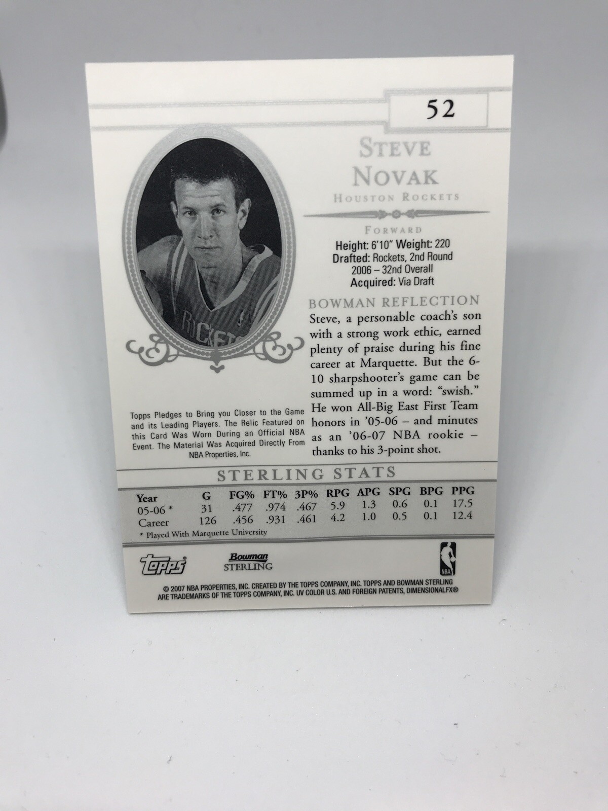 2007-08 Bowman Sterling Steve Novak Jersey 2 Color Houston Rockets #52 ...