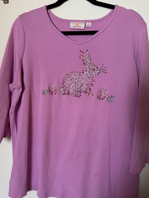 Quacker Factory 1X Pink Easter Bunny Shirt Rhinestones V-Neck Fair ...