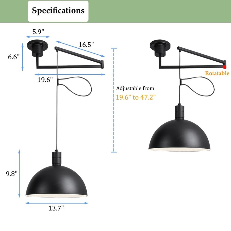 Industrial Pendant Light Fixture, Swing Arm Hanging Light, Adjustable ...