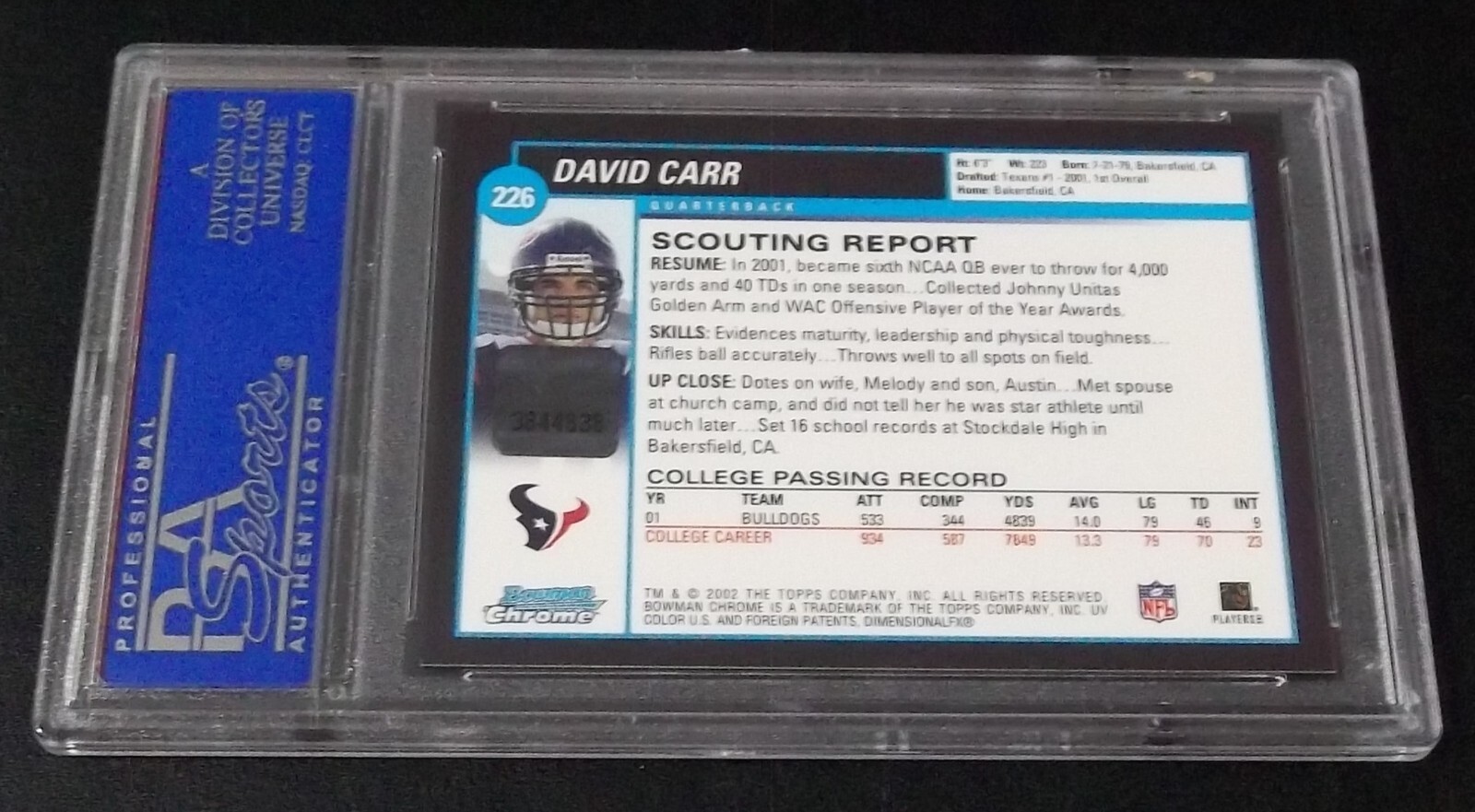 PSA 9 Mint Rc David Carr Auto 2002 Bowman Chrome #226 Rookie Signed ...