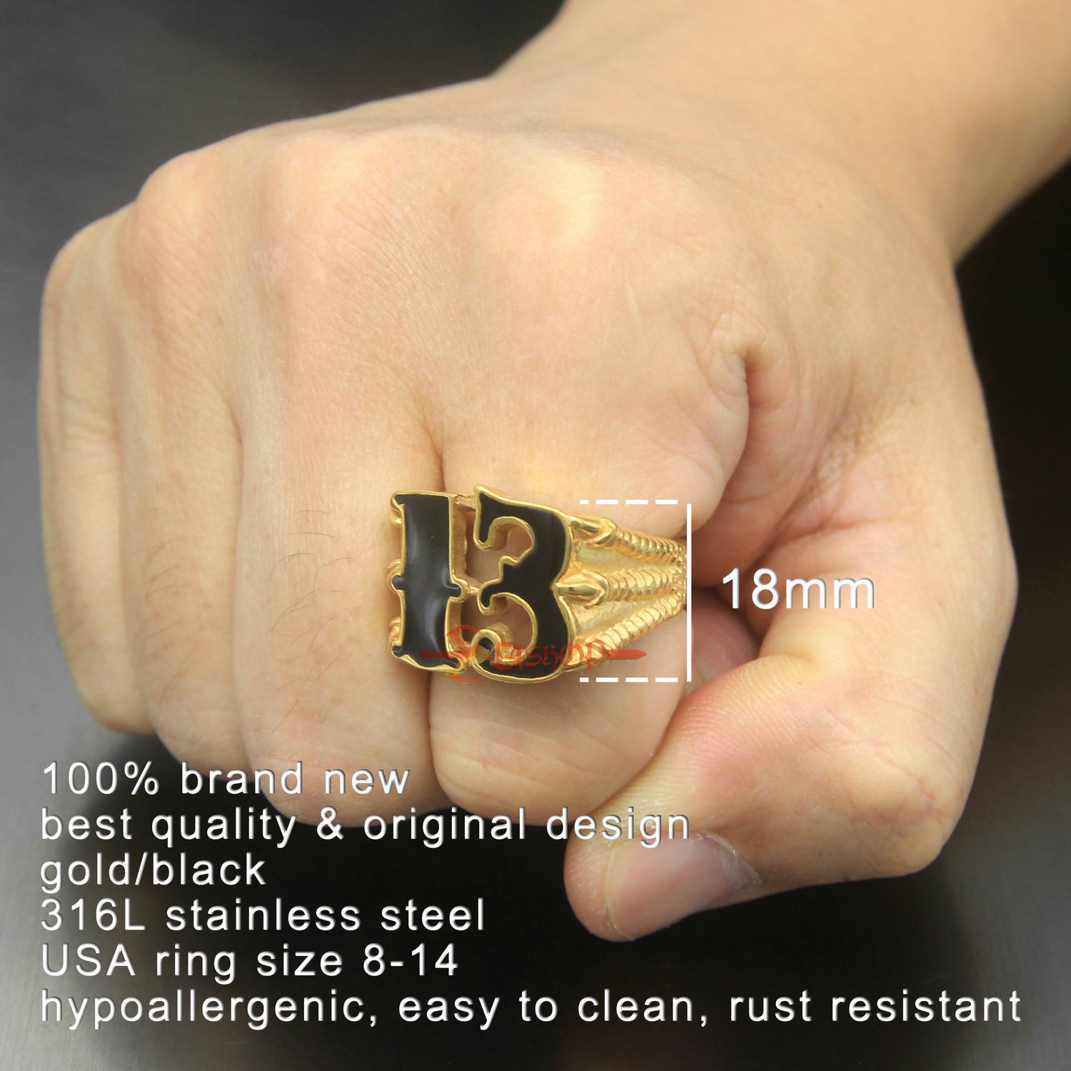 Men Good Luck Number Dragon Claw 13 Biker Ring Enamel Gold Tone ...