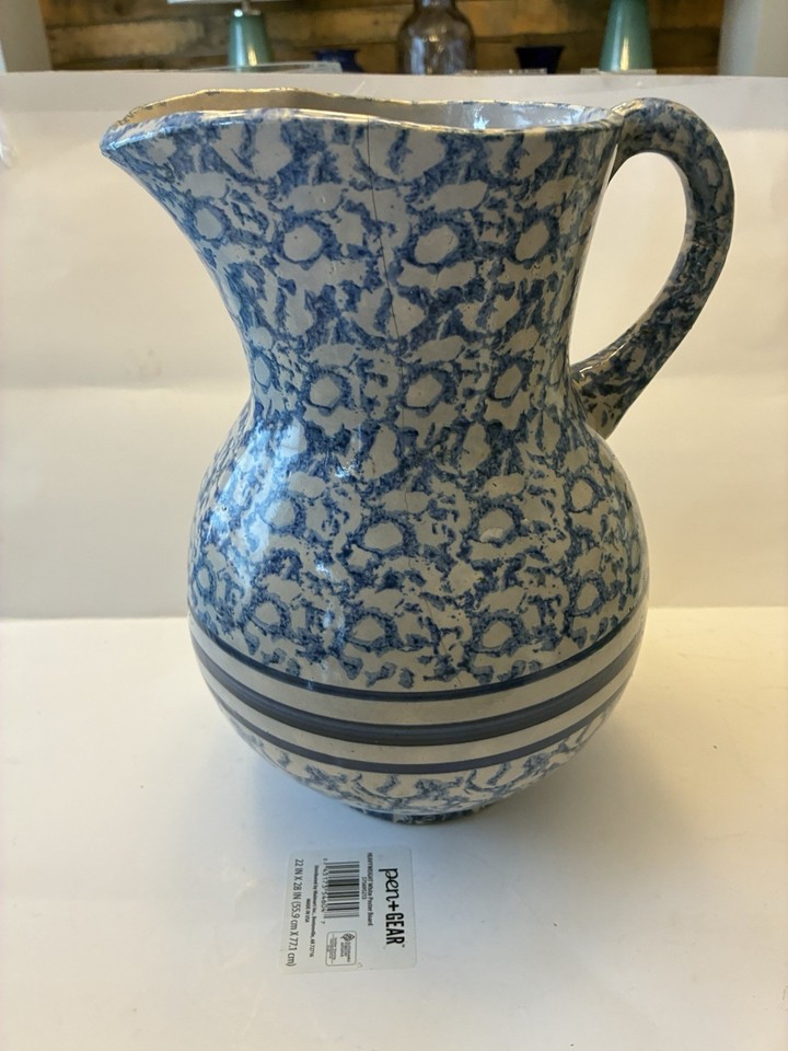 Spongeware Antique 1880s American Salt Glazed Blue White LARGE Hot ...