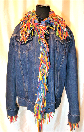 EUC Amano L Blue Denim Multicolor Wool Shag Trim Jean Jacket | eBay