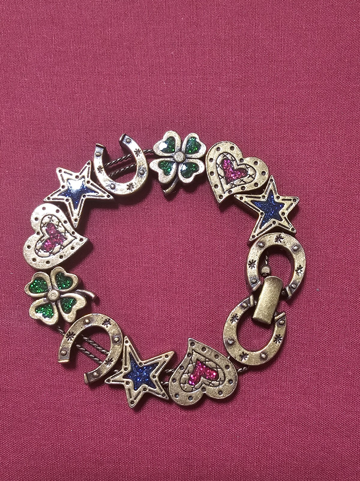 Vintage AVON Panel Charms Bracelet Brass Tone Clover/… - Gem