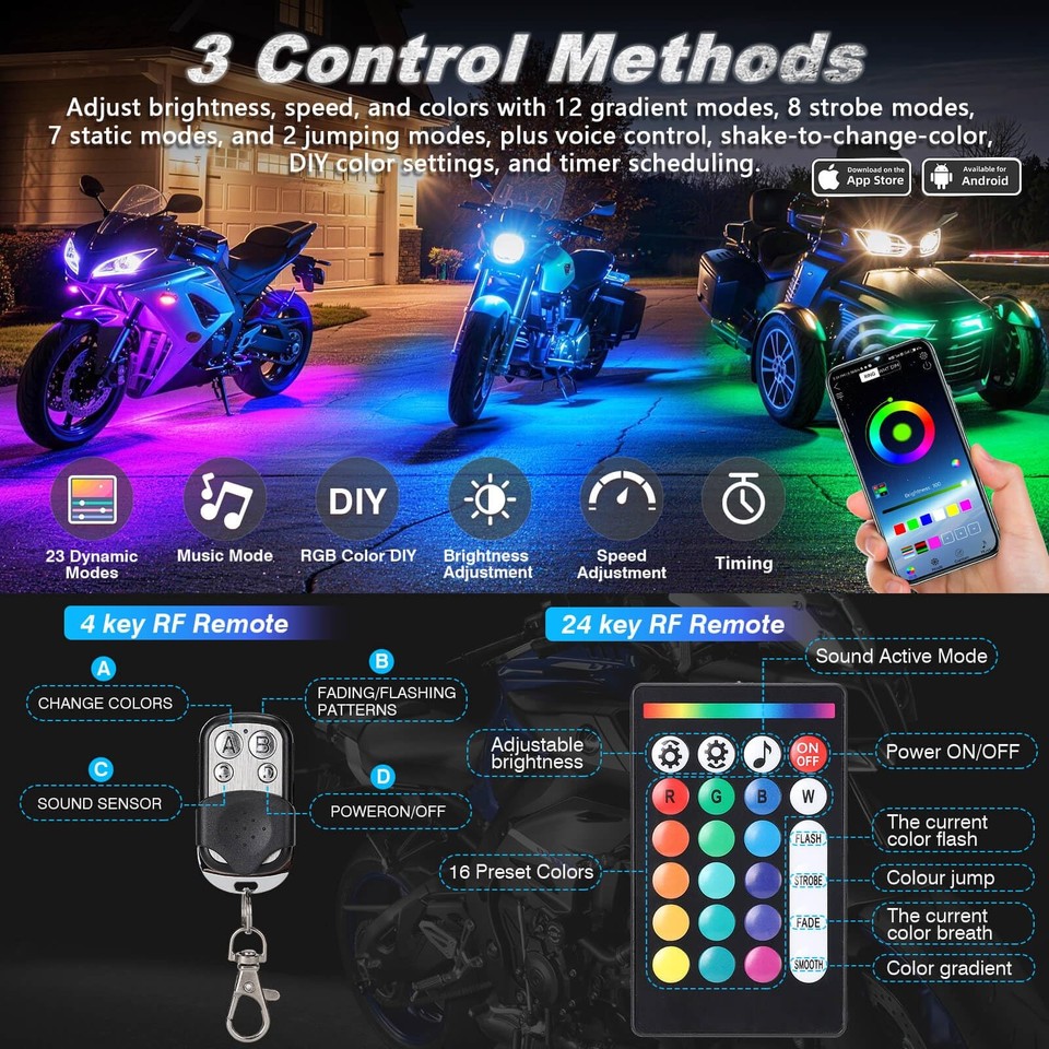 14PCS Motorcycle RGB LED Light Kit with Brake Turn Signal, Underglow ...