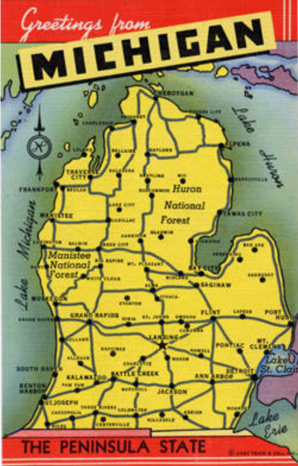 MICHIGAN MAP POSTCARD *2X3 FRIDGE MAGNET* TOURIST TRAVEL VINTAGE ...