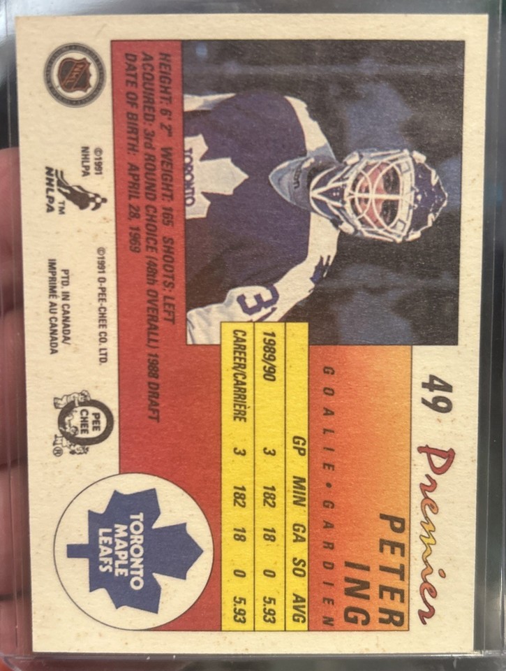 1990-91 O-Pee-Chee Premier Peter Ing #49 Toronto Maple Leafs Rookie ...