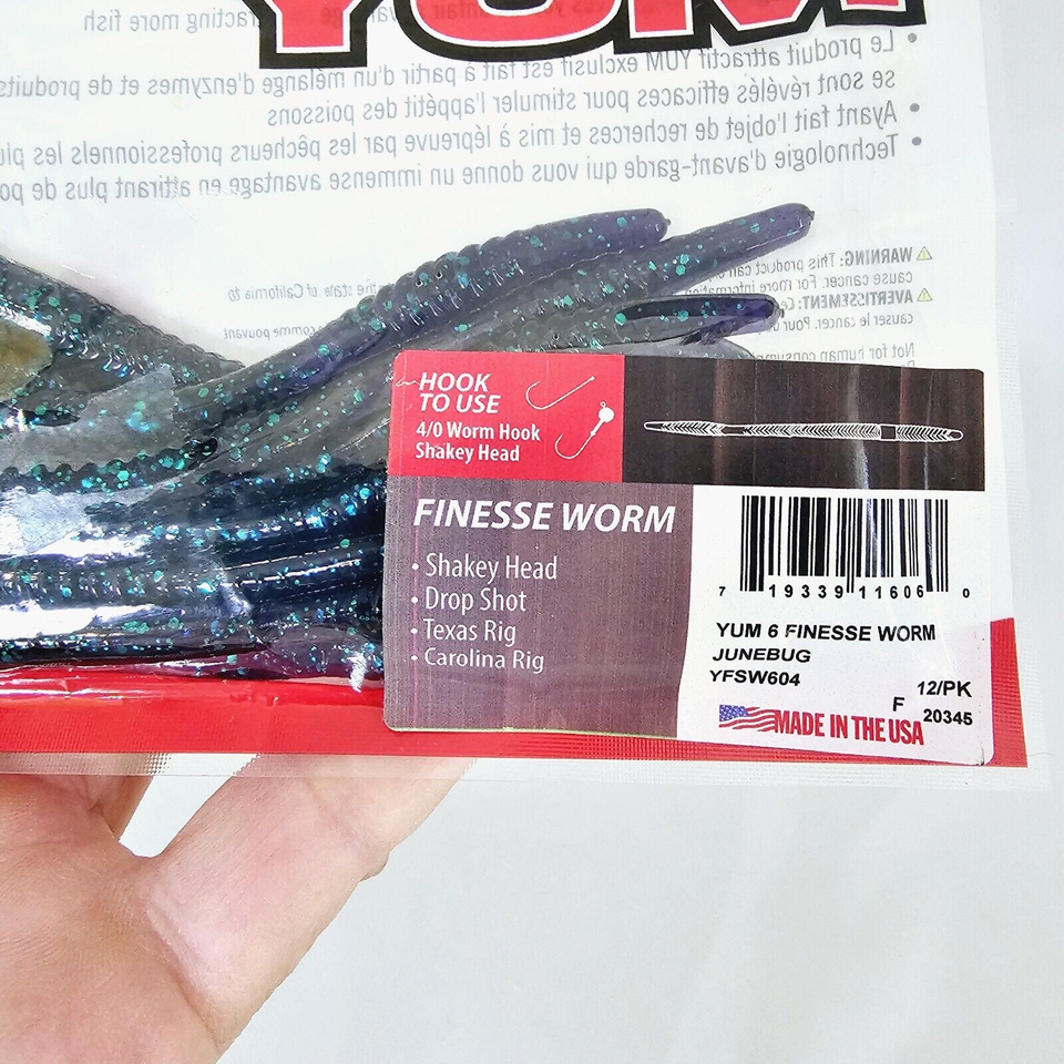 Yum 6" Inch Junebug Finesse Worm 12 Count Pack Bass Fishing Made In USA ...