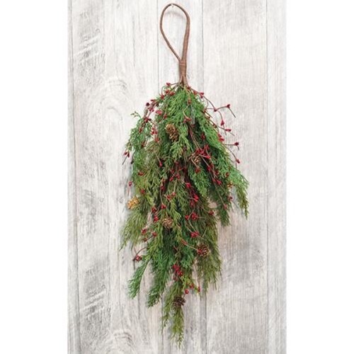 New Primitive Farmhouse Christmas CEDAR PINE RED BERRY TEARDROP SWAG ...