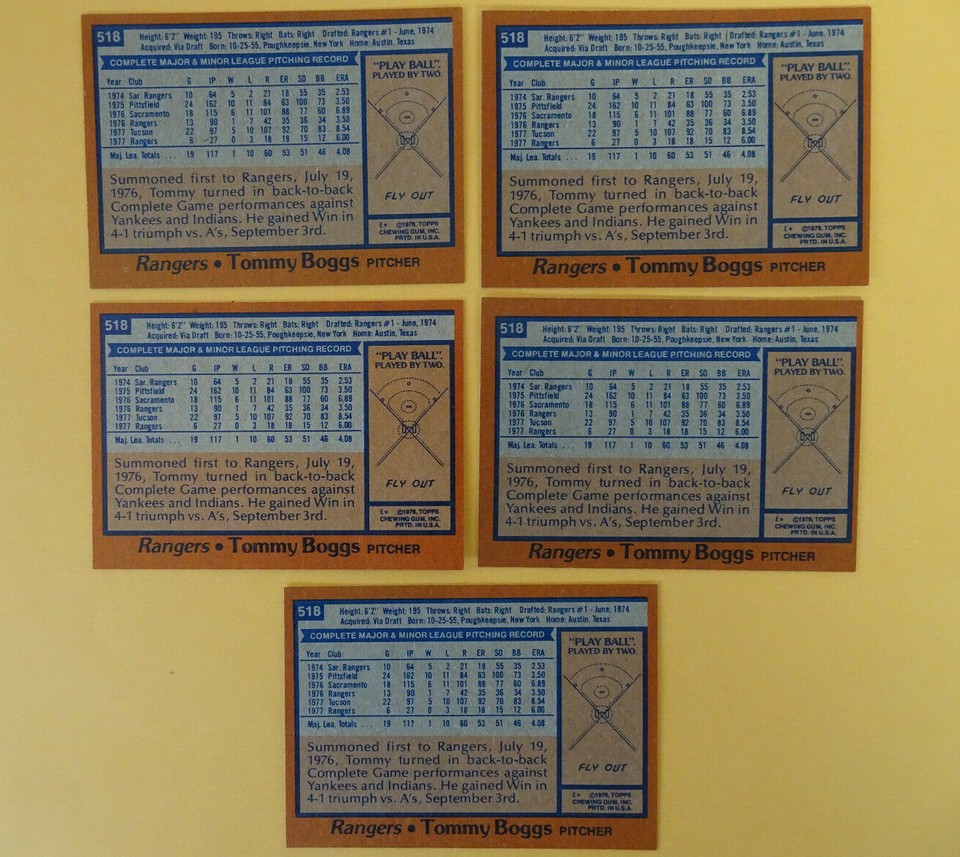 1978 TOPPS Baseball #518 Tommy Boggs Texas Rangers 5 Card Lot EX MINT ...