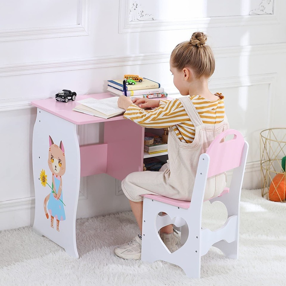 Brand Study Table and Chair Set Kids Wooden Desk with Stool & Storage ...