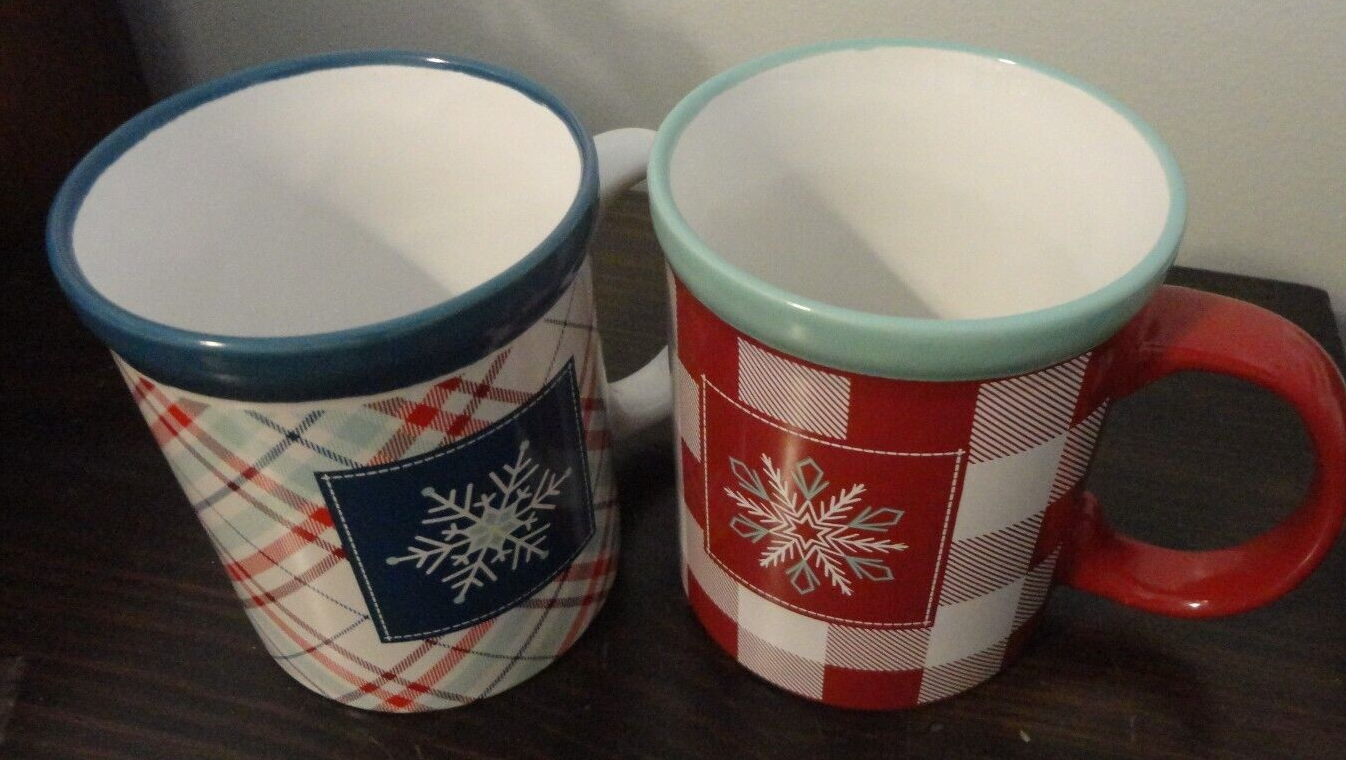 DESIGNPAC 2 CHRISTMAS RED AND GREEN CHECKED DESIGN SNOWFLAKE LARGE MUGS ...