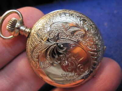 0s gold filled ornate hunter case pocket watch ticking multi color dial ...