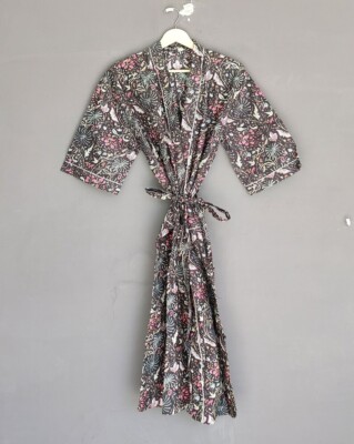 Indian Black Floral Cotton Robes Long Kimono Sleepwear Night Kimono ...