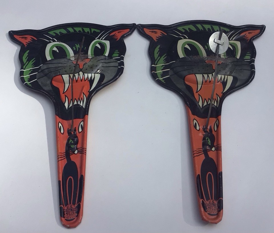 2 Vintage Halloween U S Metal Toy Black Cat Metal Noise Makers Clapper ...
