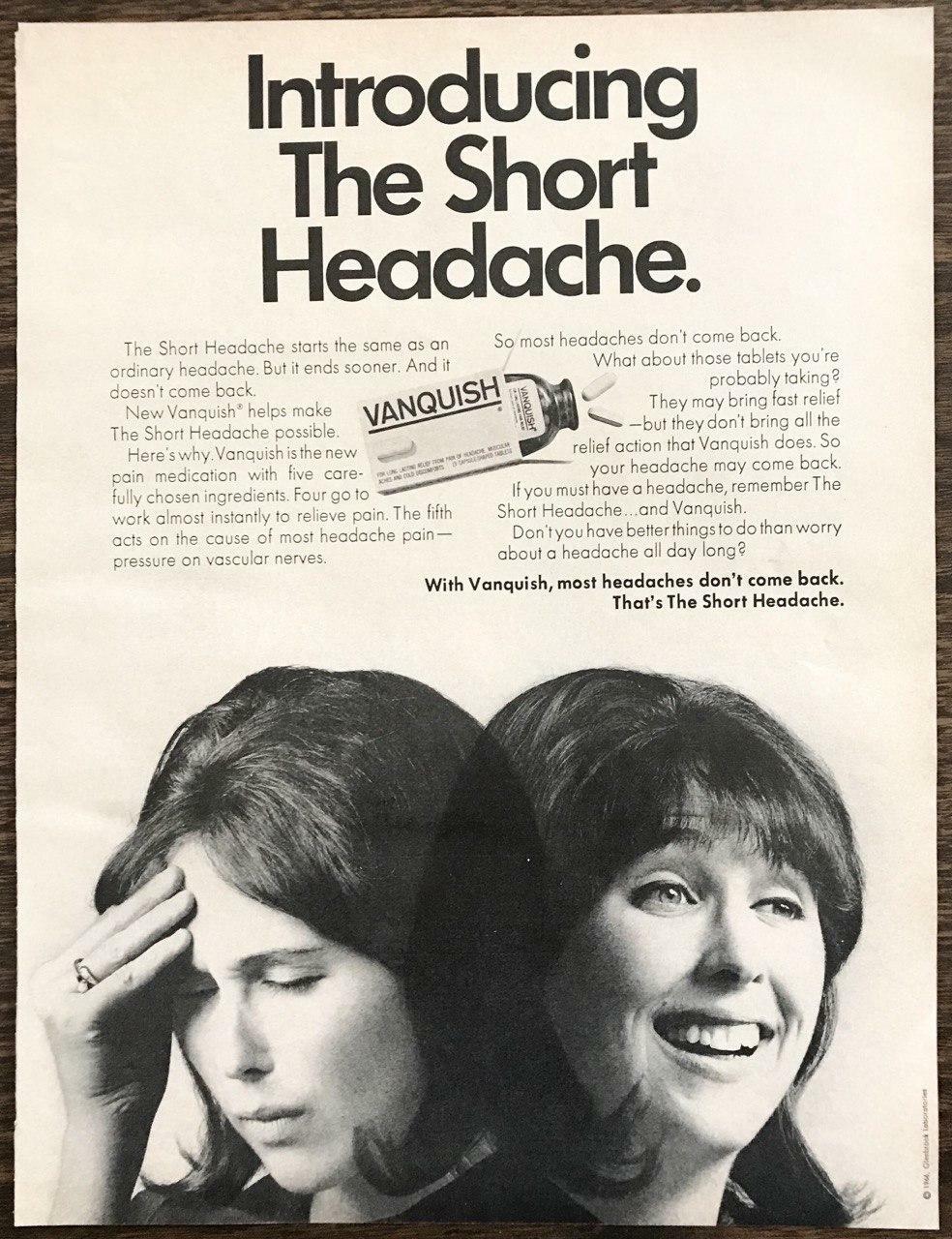 1967 Vanquish Pain Reliever PRINT AD Introducing the Short Headache | eBay