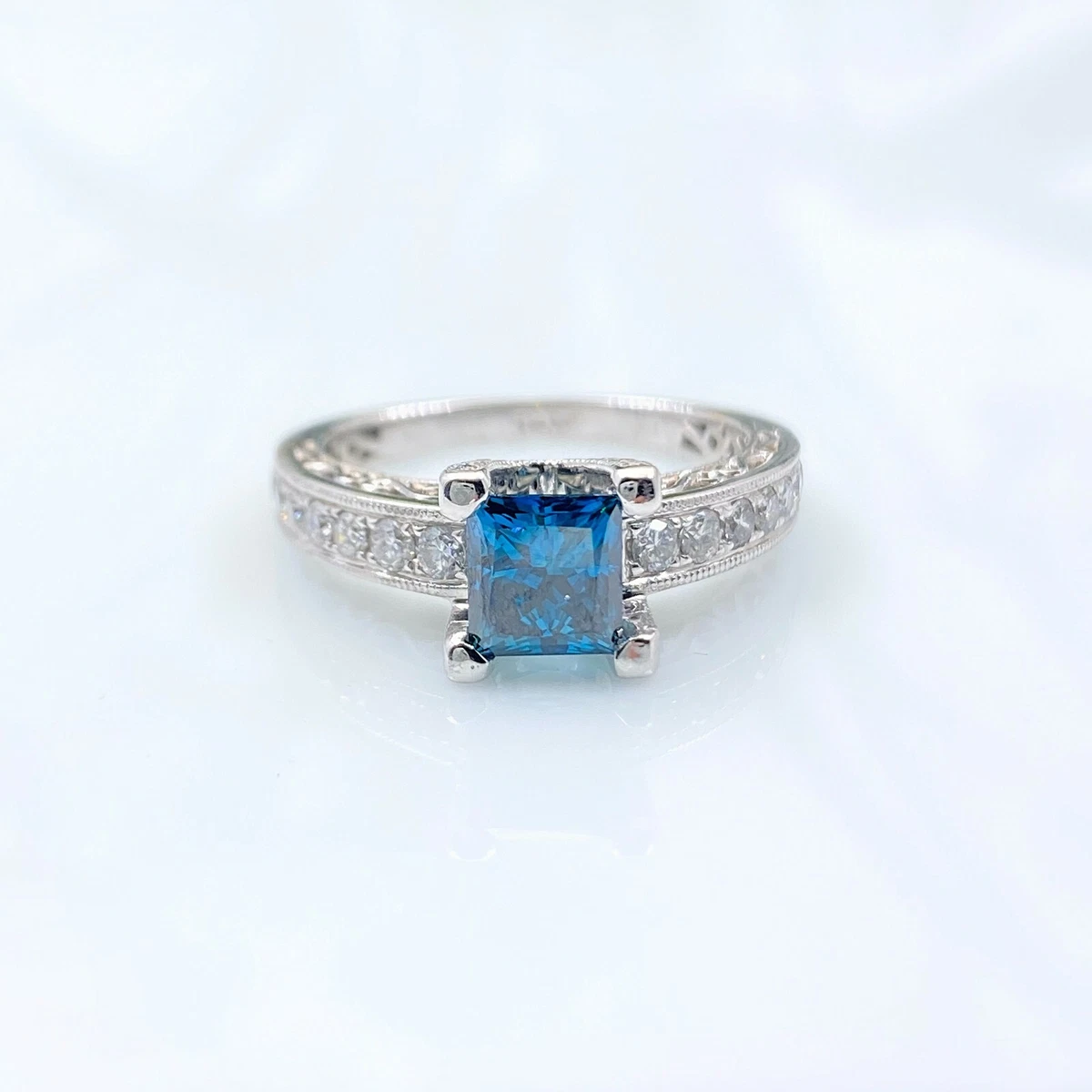 Blue Diamond Princess Cut Engagement Ring