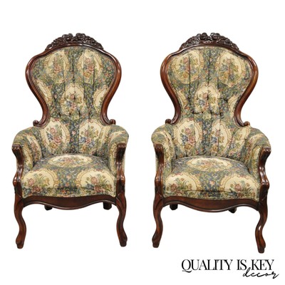 Vintage Victorian Style High Back Cherry Wood Tapestry Lounge Chairs ...