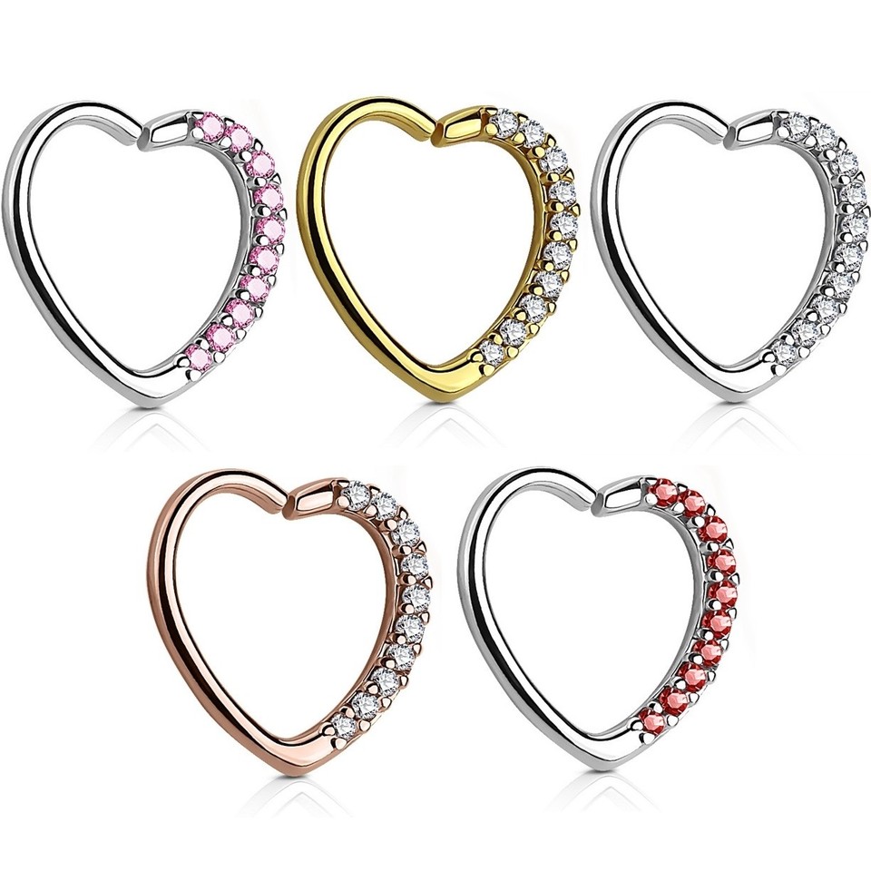 CZ GEM LINED HEART SHAPED DAITH CARTILAGE PIERCING RING 16G HOOP LEFT ...