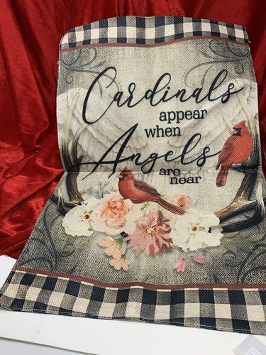 Garden Flag Red Cardinal Flowers Checks Trim W Saying 12” X 19” Cotton ...