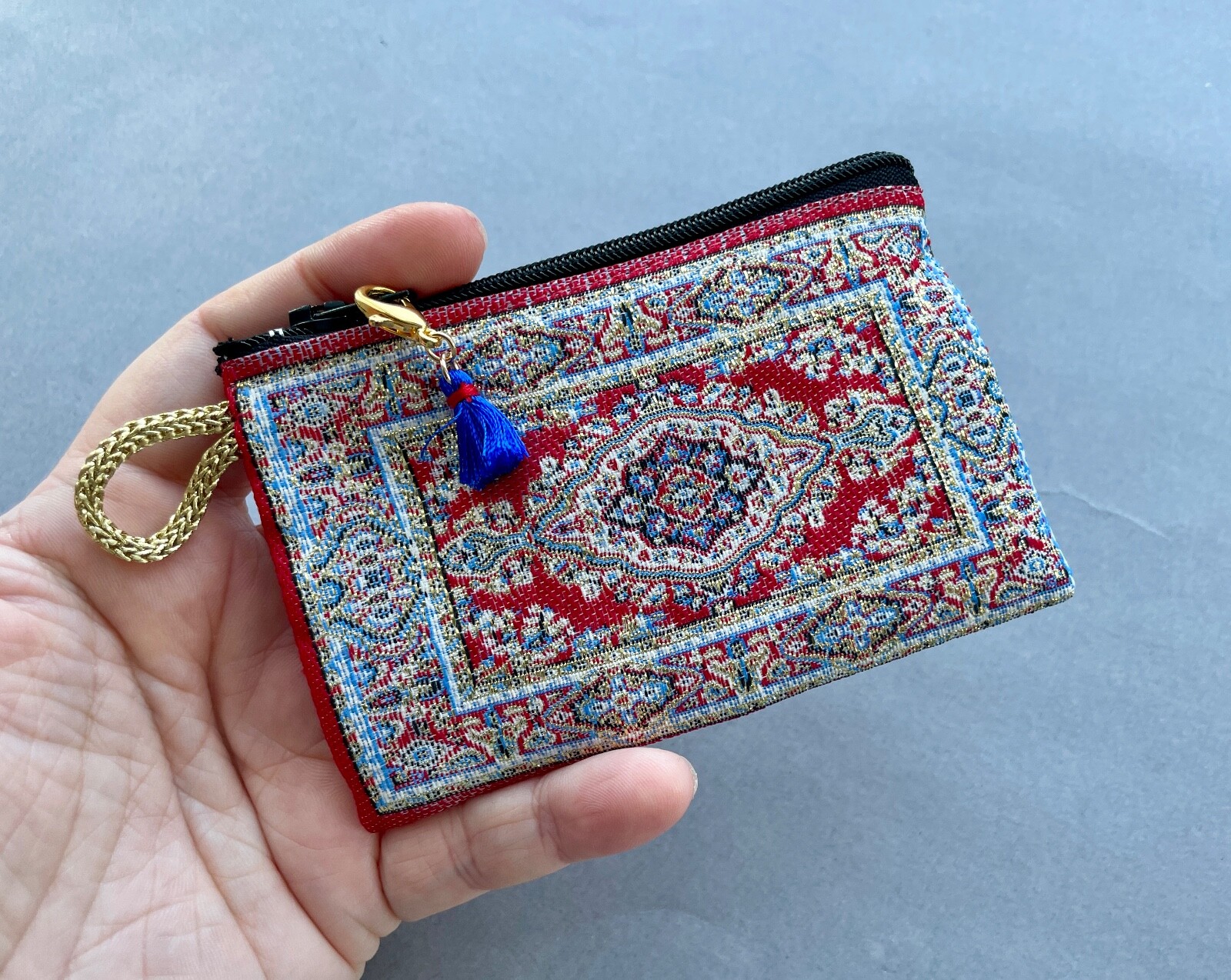 Turkish Tapestry Coin Purse Bag with Mini Blue Tassel Zip Pull | eBay