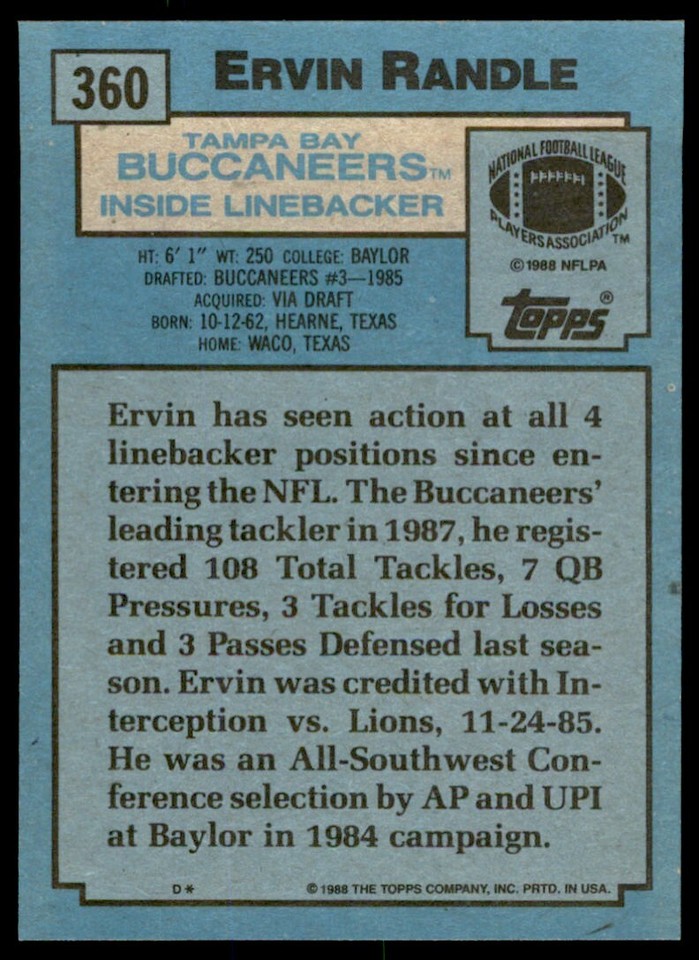 1988 Topps Ervin Randle Rookie Tampa Bay Buccaneers #360 | eBay