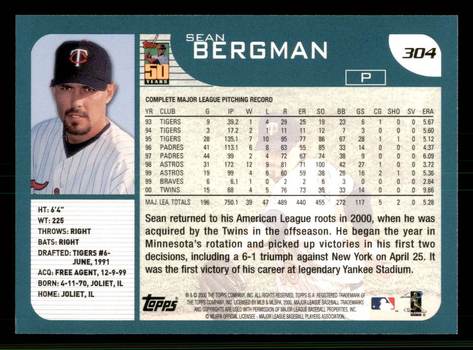2001 Topps Sean Bergman #304 Minnesota Twins | eBay