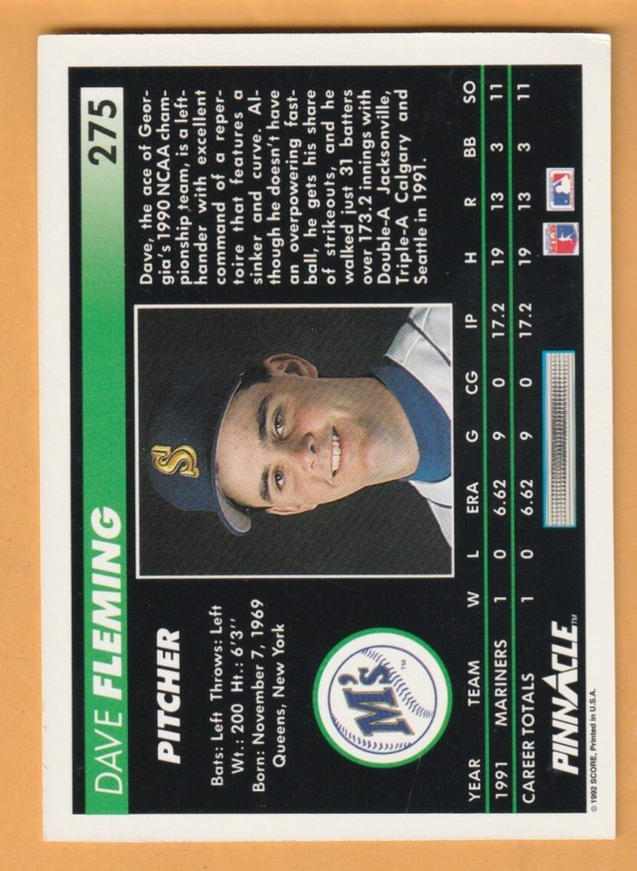Dave Fleming Seattle Mariners AUTO Signed 1992 Pinnacle Georgia ...