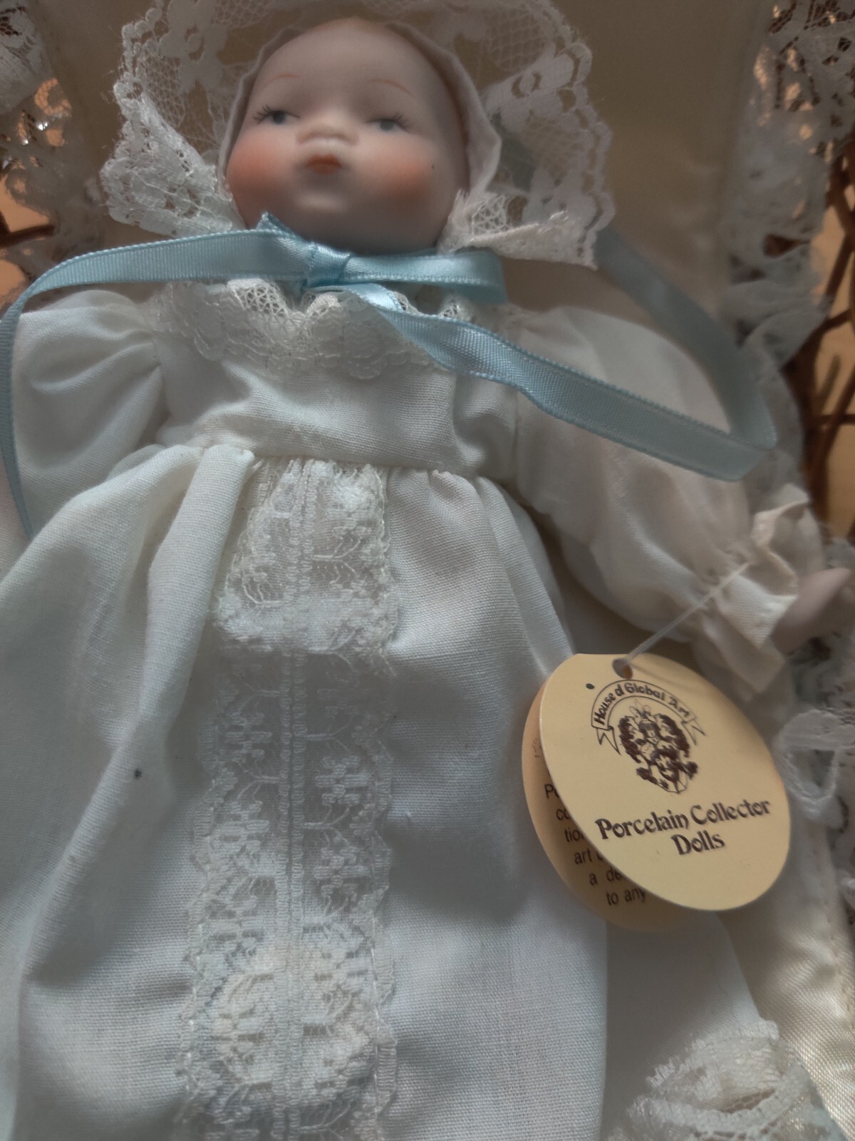 House Of Global Art Porcelain & Cloth Collector Doll W/ Basket Crib 7 ...