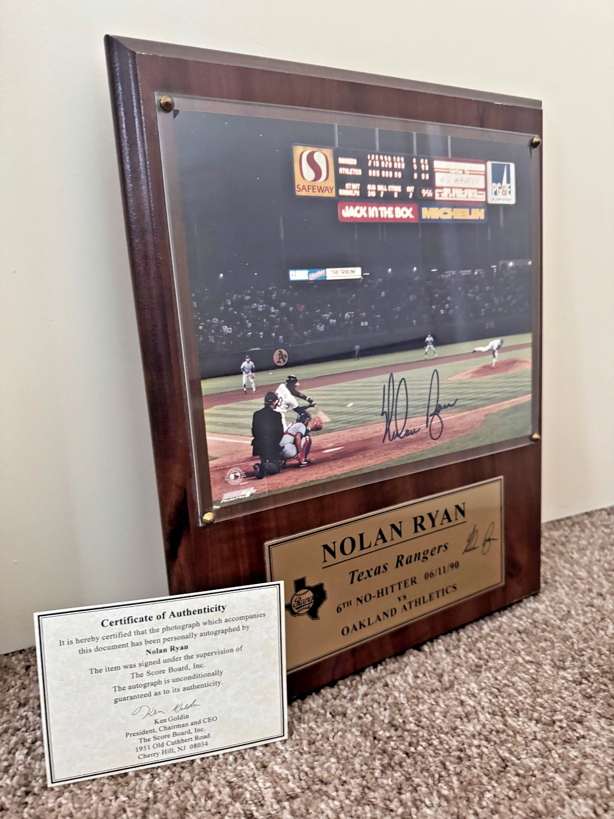 Nolan Ryan Autographed Plaque – 6th No-Hitter – Scoreboard / Ken Goldin ...