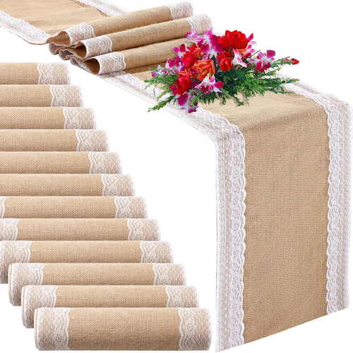 12 Pcs Burlap Table Runners 12 X 108 Inches White Lace Table Runner ...