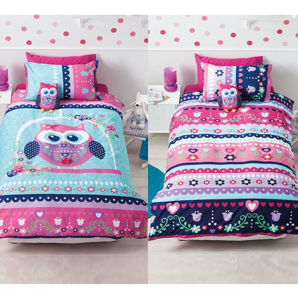 Pretty Owl Girls Applique Reversible Quilt Doona Duvet Cover Set ...