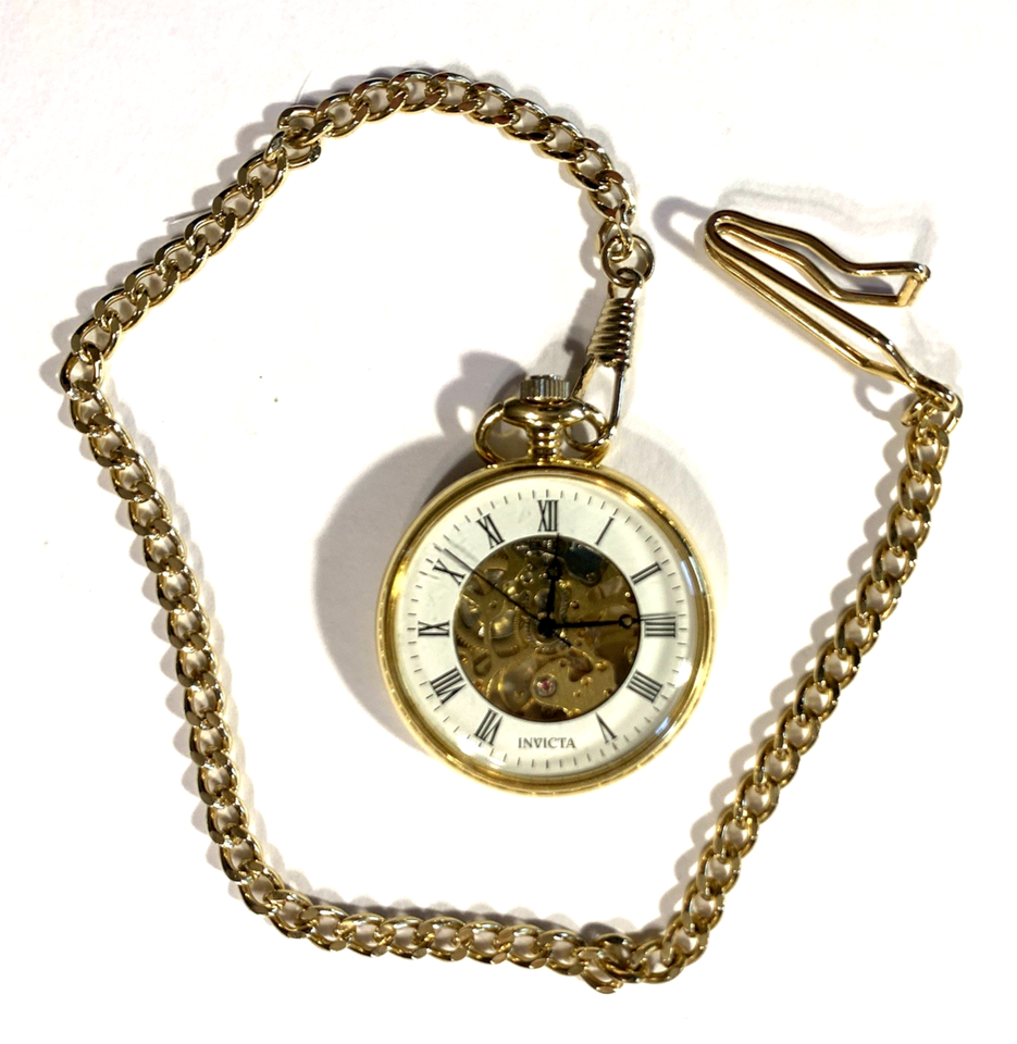 RARE VTG Invicta Skeleton Pocket Watch Automatic Men's Gold Tone Chain ...