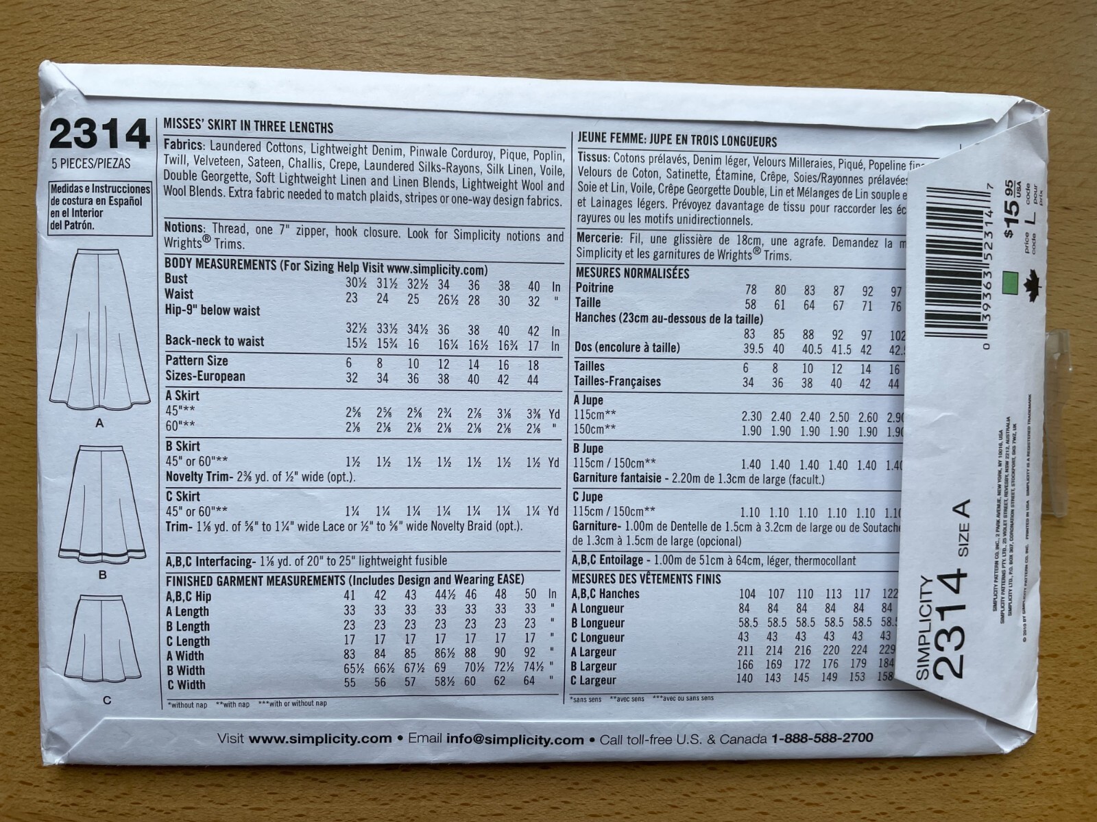 New Simplicity 2314 Sewing Pattern Misses Skirt in 3 Lengths Size 6-18 ...