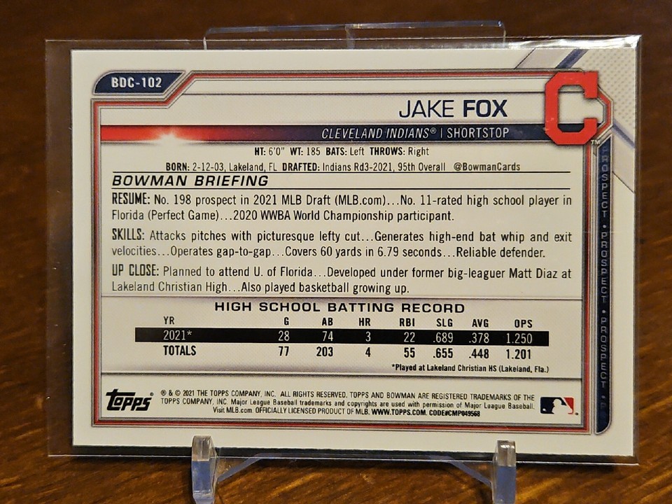 2021 Bowman Draft JAKE FOX 1st Bowman Chrome #BDC-102 Rookie Baseball ...