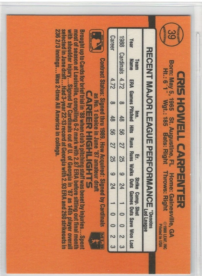 Cris Carpenter 1989 Donruss Baseball #39 Rated Rookie Card RC Cardinals ...