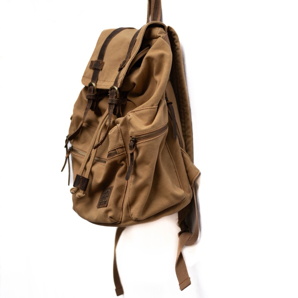 Augur Jans Canvas Leather Backpack Beige Brown Hiking Rucksack ...