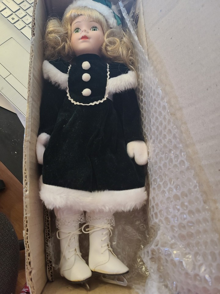 Vintage Porcelain Winter Ice Skater Doll With Dress Skates Hat and ...