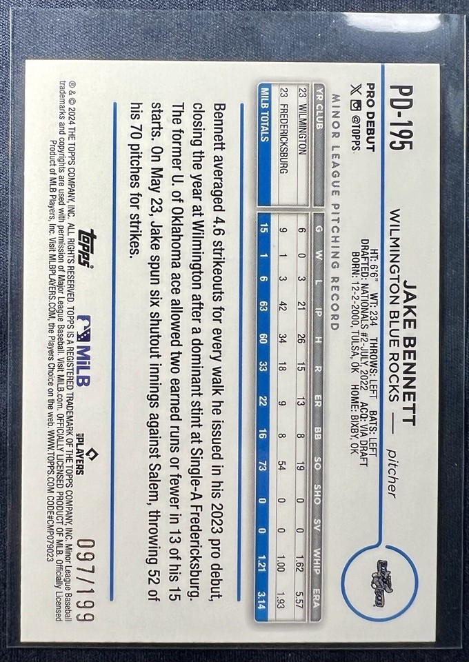 JAKE BENNETT 2024 Topps Pro Debut Fuchsia Foil #/199 Nationals - Pack ...