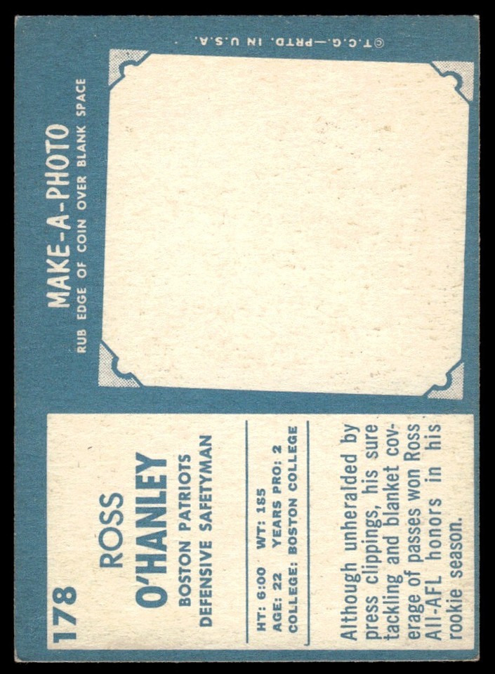 1961 Topps Ross O'Hanley / Boston Patriots #178 | eBay