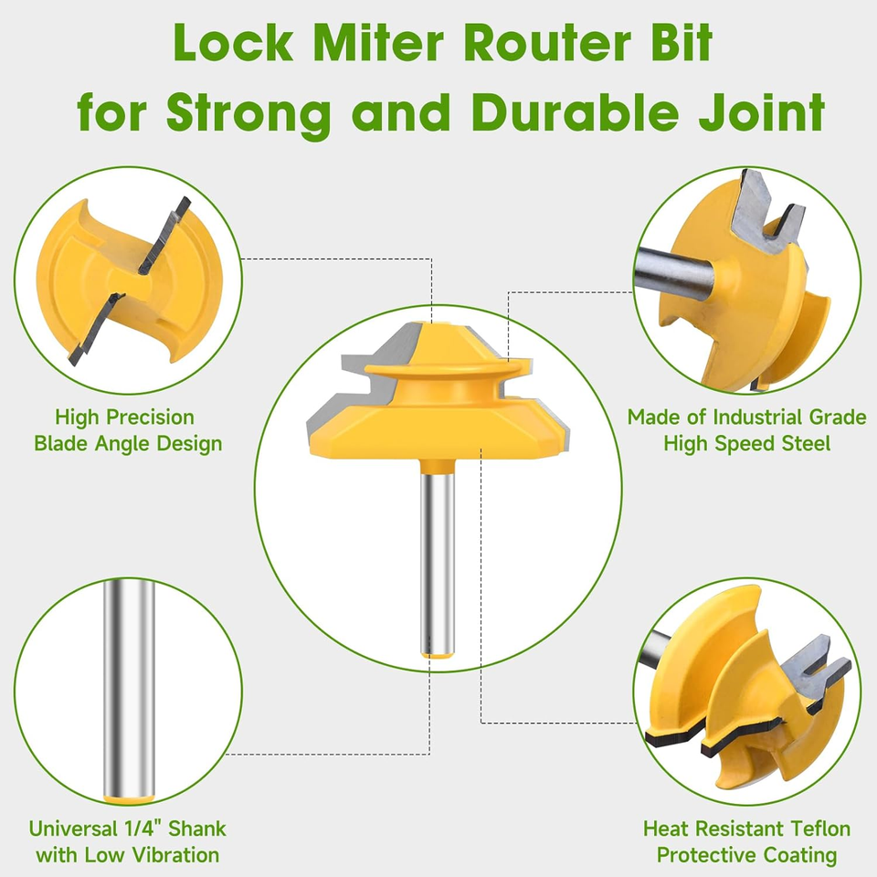 45 Degree Lock Miter Router Bit 1/4 Inch Shank 3 Pcs Joint Router Bit ...