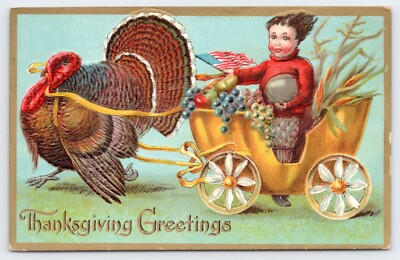 Thanksgiving Greeting 1909 Patriotic Postcard Turkey Pulling Boy ...
