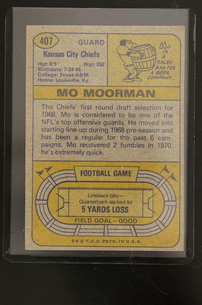 Vintage FOOTBALL Trading Card 1974 Topps #407 MO MOORMAN Chiefs Guard ...
