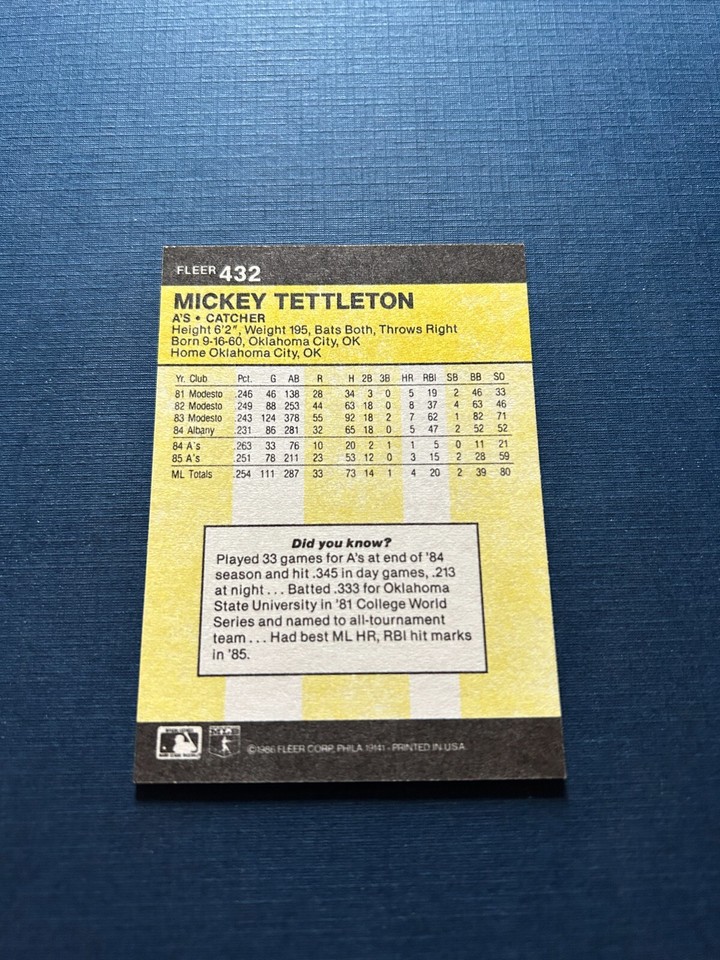 1986 Fleer Baseball Mickey Tettleton Rookie Card #432 Set Break NM | eBay