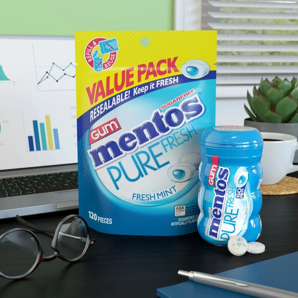 (PACK OF2) Mentos Pure Fresh Mint Sugar Free Gum Extra Value Pack 120 ...