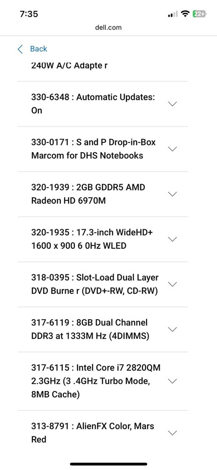 Alienware M17X R3 Laptop i7-2820QM 2.3/3.4GHz AMD 6970M 8GB RAM 320GB ...