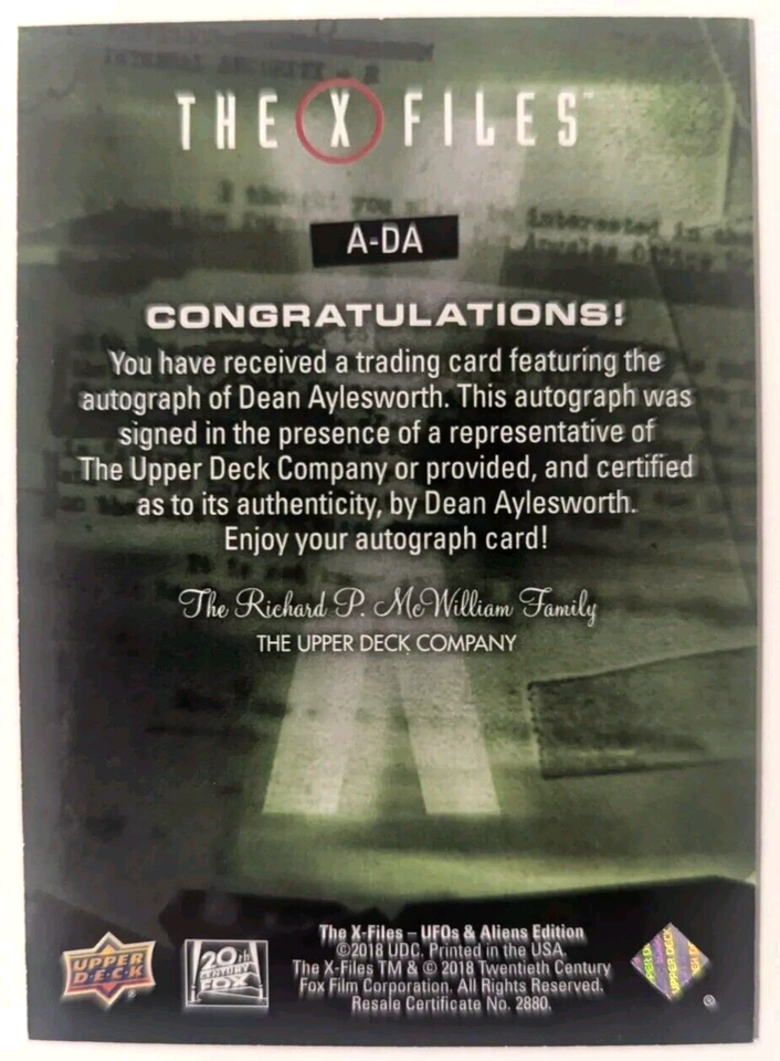 Dean Aylesworth Inscription Autograph Card The X Files UFOs Aliens ...